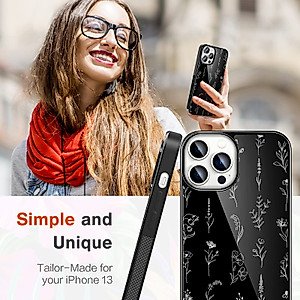 GULTMEE [3 in 1 Designed for iPhone 13 Pro Max Case Black Wildflowers Print Tire Texture Non-Slip Shockproof Protective Case Tempered Glass Screen Protector + Camera Lens Protector, 6.7 inch 2021