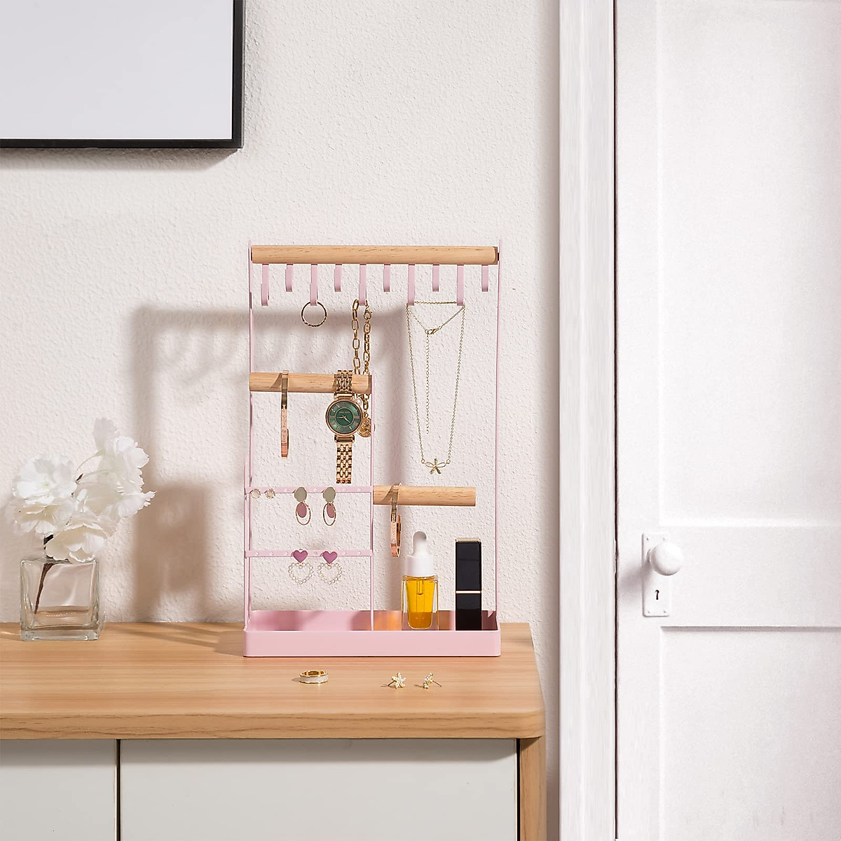 ProCase Jewelry Organizer Stand Holder, 4-Tier Necklace Organizer with Ring Tray, Small Cute Aesthetic Jewelry Tower Storage Rack Tree for Bracelets Earrings Rings - Pink