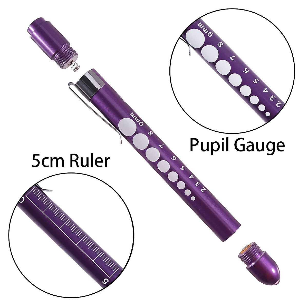Aokin Pen Light with Pupil Gauge, Reusable LED Penlight Medical for Doctor Nurse Diagnostic etc, White Light, Sky Blue and Purple