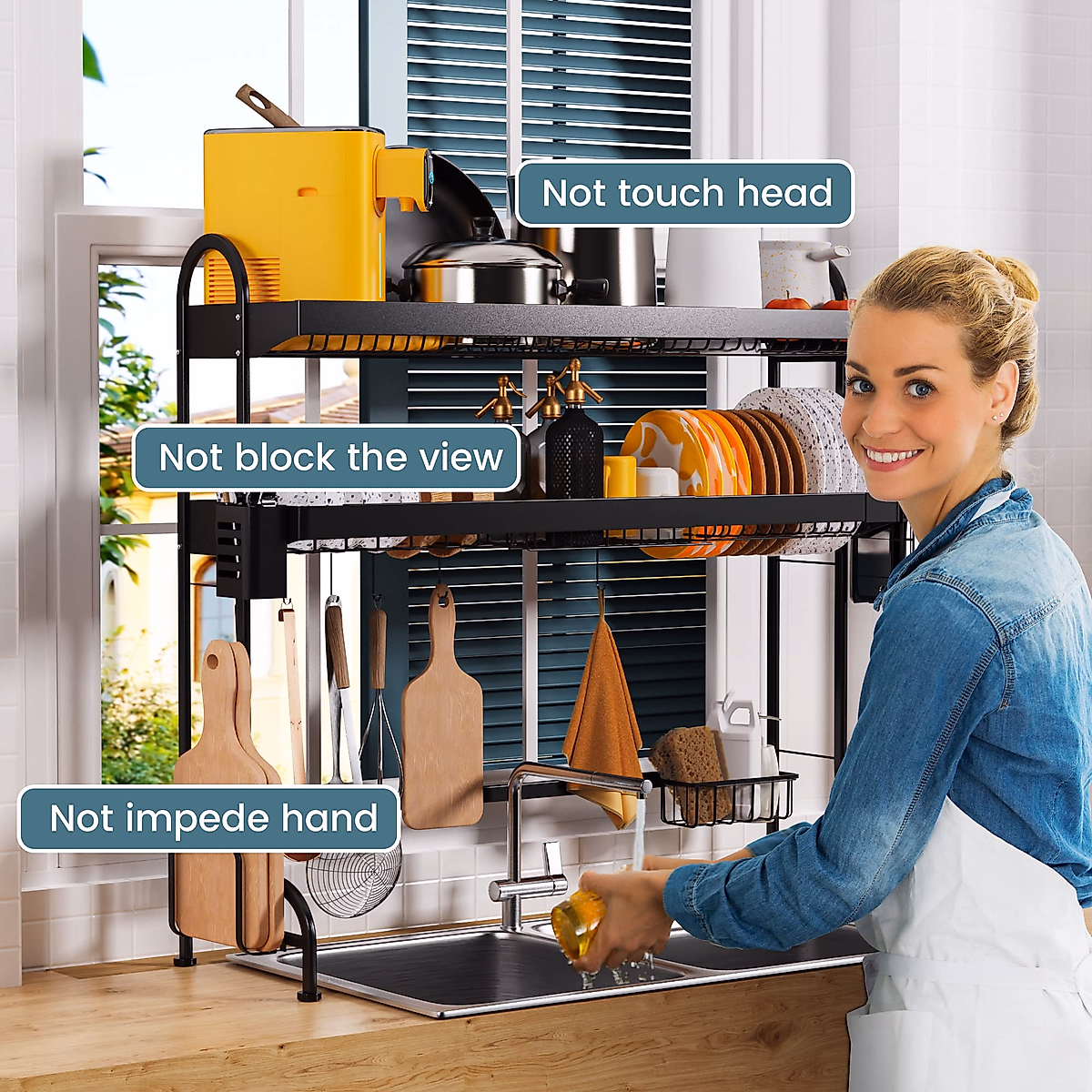 ULG Over The Sink Dish Drying Rack, 3 Tier Stainless Steel Length Adjustable (24.4"-37") Kitchen Counter Organizer, Large Dish Rack Drainer for Space Saver Storage Shelf with 6 Utility Hooks