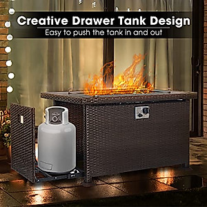 Propane Fire Pit Table Outdoor: 44" 60000BTU Auto-Ignition Propane Fire Pits Table with Wind Guard Square Large Wicker Propane Firepits Rattan Fire Pits Table for Patio Garden Dinning (CSA Certified)