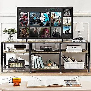 VECELO TV Stand for Televisions up to 70 Inch, Industrial Entertainment Center with 3-Tier Open Storage Shelves& Hooks for Living, Bedroom and Gaming Room, 63 Inch, Grey