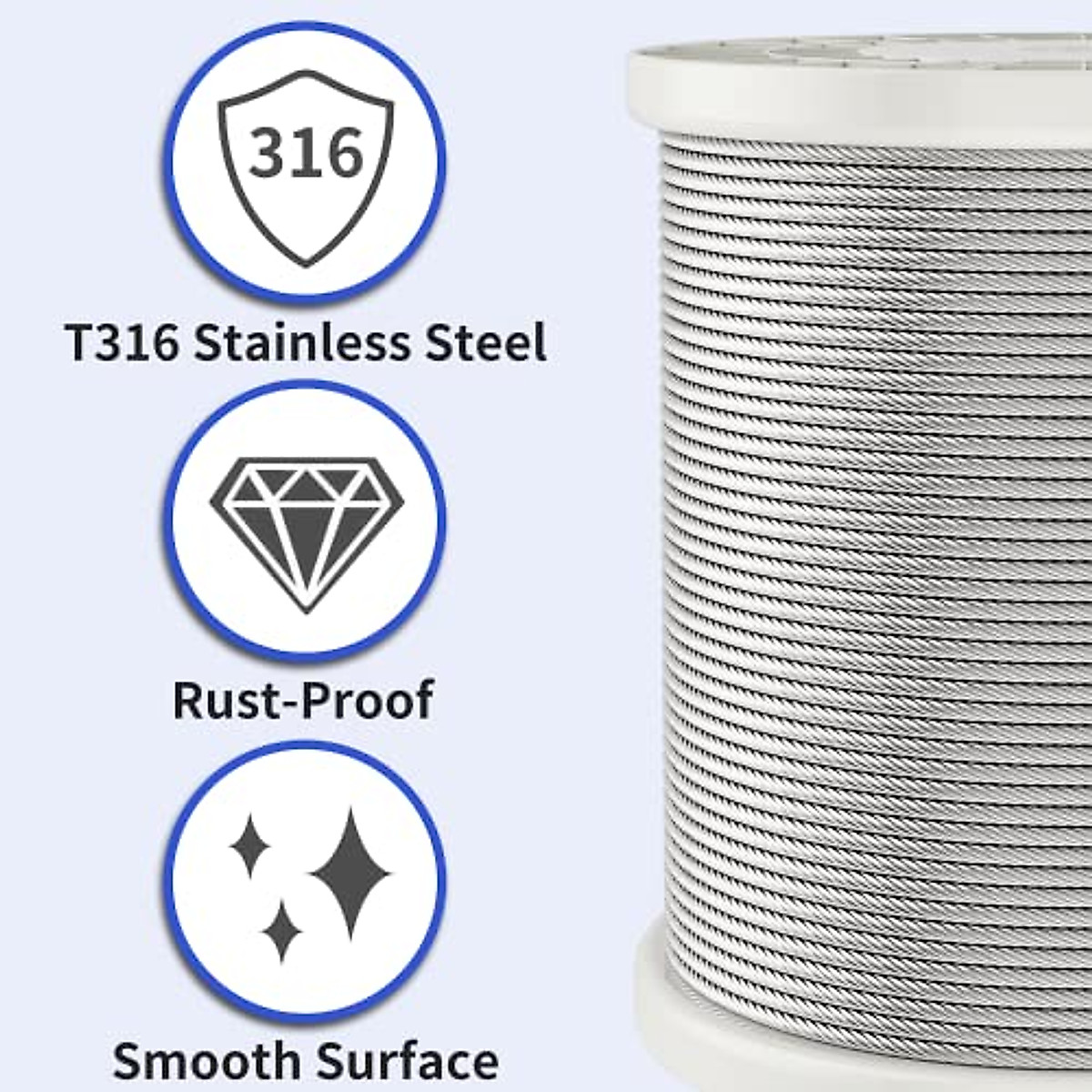 LuckIn 1/8" Stainless Steel Cable 300FT, T316 Aircraft Cable for Railing, Decking & Outdoor Projects - Uncoated Marine Grade