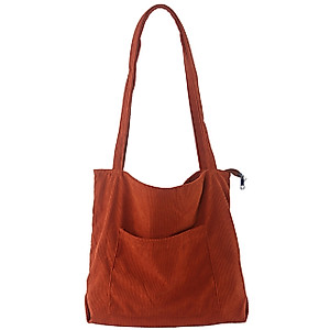 ALUWU Corduroy Tote Bag for Women Corduroy Purse with Front Pocket and Zipper Shoulder Hobo Handbags Simple Canvas Purse, Brown