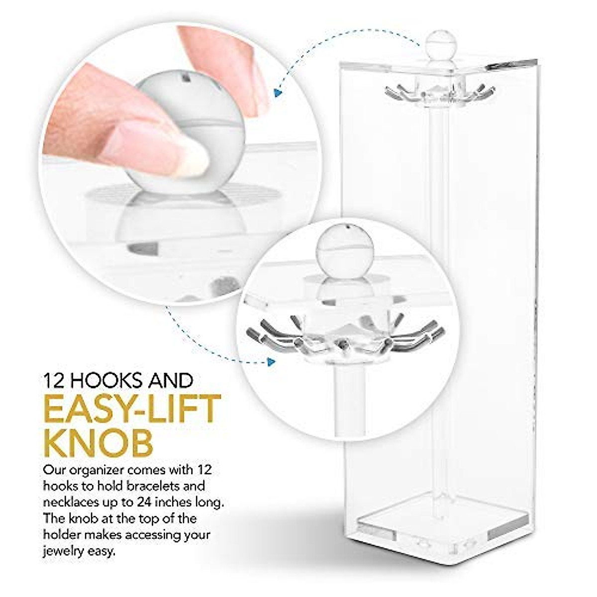 Stock Your Home Long Necklace Holder with 12 Hooks - Acrylic Jewelry Organizer Necklaces Stand and Display Case - Jewelry Box for Chains - Necklace Holder Box for Dressers & Vanity Tables, Clear