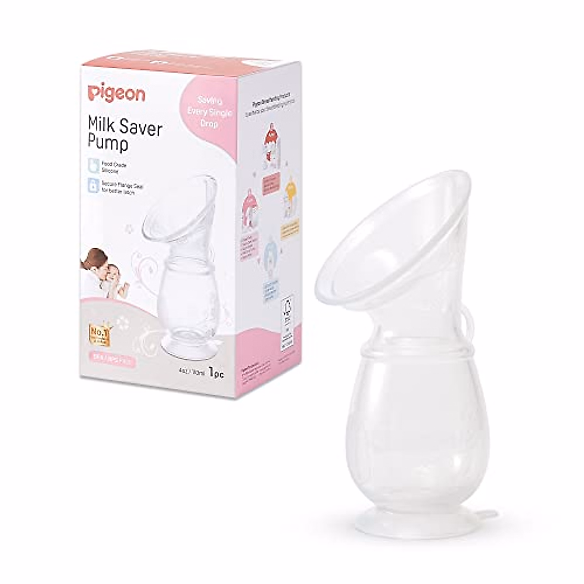 Pigeon Manual Breast Milk Saver Pump, Food-Grade Silicone, Natural Suction, Comes with a Sucker Stand, 4 Oz