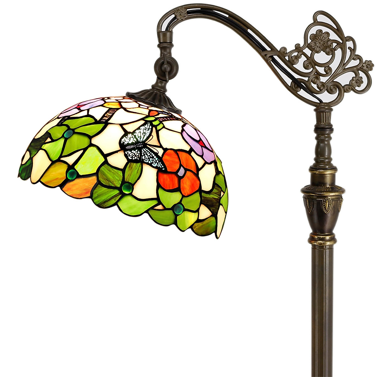 ZJART Tiffany Floor Lamp Stained Glass Dragonfly Arched Gooseneck Antique Reading Light Angle Adjustable 12X18X65 Inches Bronze Finsh Bright Decor Corner Living Room Bedroom Office