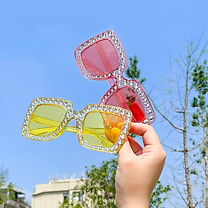 Matcheck 10 Pack Women Sparkling Crystal Sunglasses Oversized Square Diamond Thick Frame Glasses Funky Big Cool Eyeswear