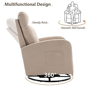 GNIXUU Rocking Chair, Swivel Gliding Nursing Chairs, Glider Rocker with Side Pocket for Nursery, Living Room, Baby Room, Bedroom, Beige Polyester Fabric