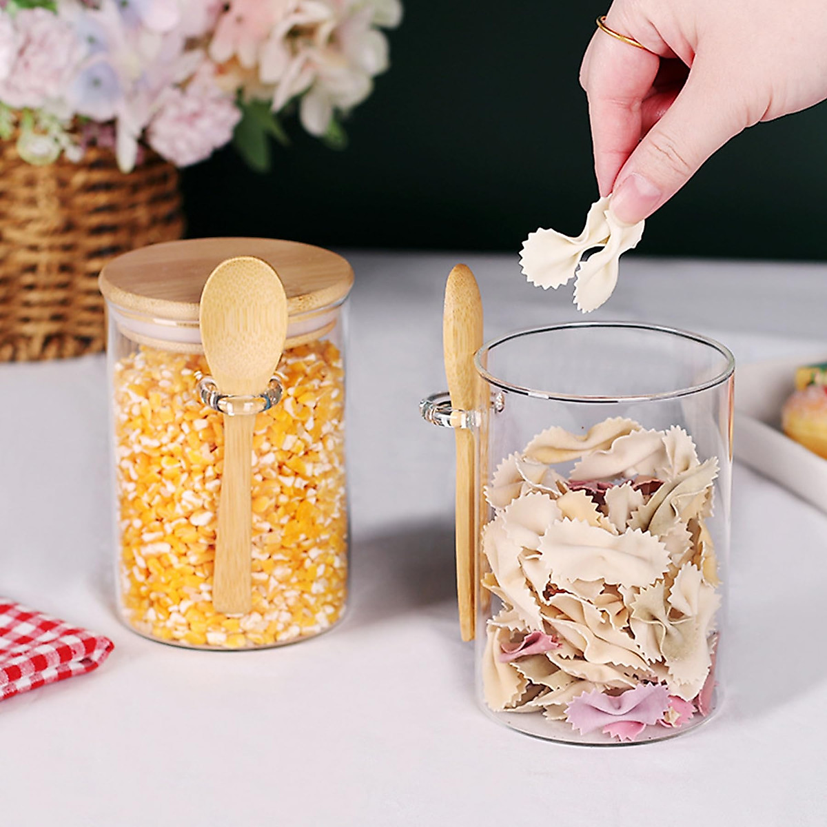 KDAWRO Airtight Glass Jars with Bamboo Lids & Bamboo Spoons, 19Oz 4PACK Borosilicate Glass Food Storage Sugar Containers, Durable Glass Canisters Hold Coffee Beans, Tea, Flour, Candy, Bath Salts