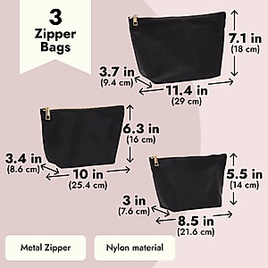Glamlily 3 Piece Black Makeup Bag Set for Women, Nylon Zipper Cosmetic Pouch Organizers for Travel, Toiletries (3 Sizes)