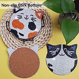 Vcekract Diamond Painting Coasters Kits, 6 Pieces Cat Diamond Painting Coasters with Holder, DIY Diamond Art Coasters with Stickable Cork Bases, Diamond Art Kits for Adults & Kids