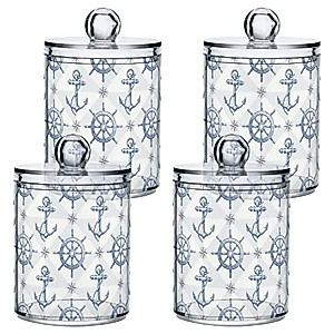 WELLDAY Apothecary Jars Bathroom Storage Organizer with Lid - 14 oz Qtip Holder Storage Canister, Nautical Anchorn Helm Clear Plastic Jar for Cotton Swab, Cotton Ball, Floss Picks, Makeup Sponges,Hair