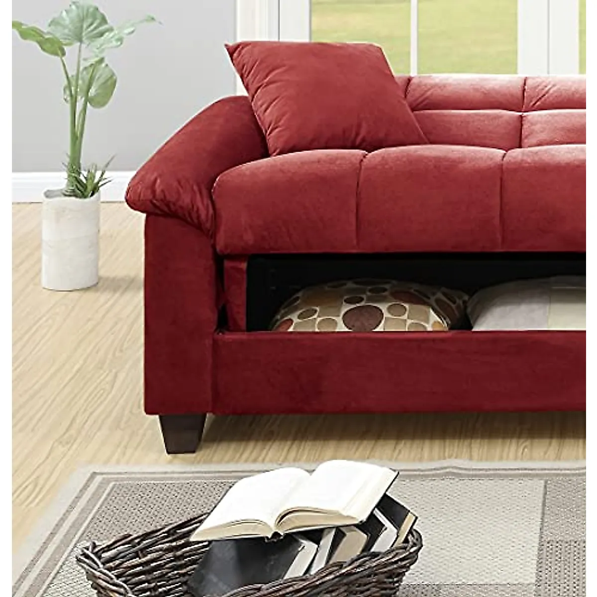 TONAUA Contemporary Living Room Adjustable Sofa Red Color Microfiber Plush Storage Couch 1pc Futon Sofa w Pillows