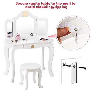 KOTEK Kids Vanity Set w/Tri-Folding Mirror, Princess Makeup Dressing Table w/Detachable Top & Drawer, 2-in-1 Vanity Table and Chair Set, Crown Pretend Beauty Play Vanity for Girls (White)
