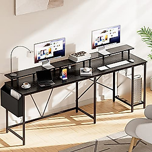 PRAISUN L Shaped Computer Desk with Power Outlets & LED Lights, Corner Gaming Desk with Fabric Storage Bag, Monitor Shelves, Home Office Desk with Hooks, Host Shelf, L Shape Gaming Desk, Black