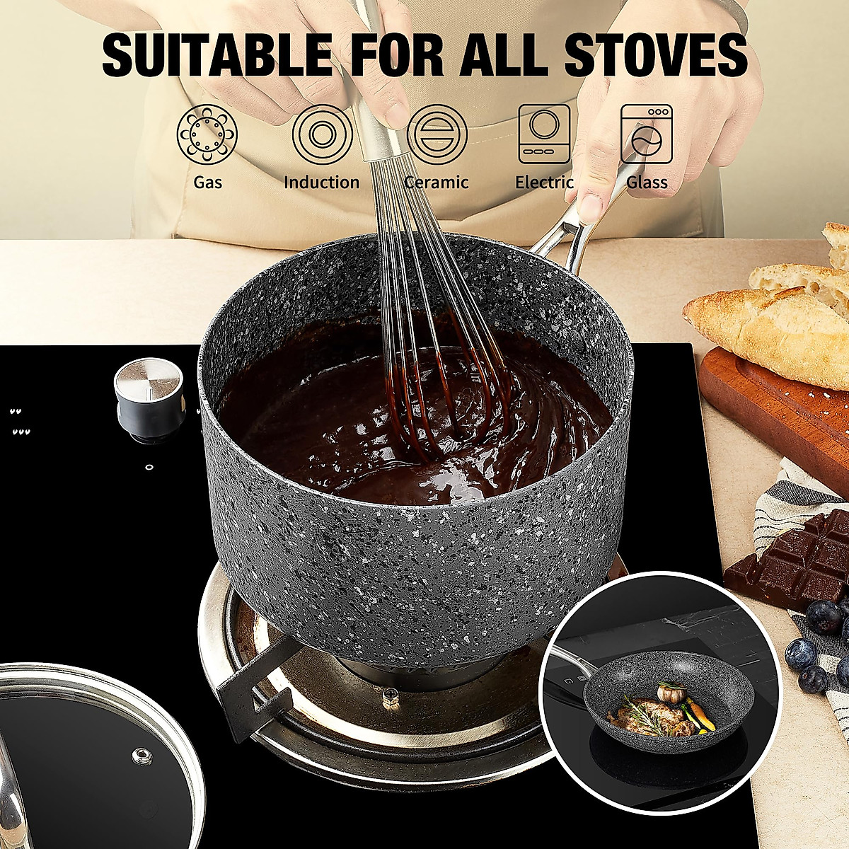 HLFRG Saucepan Set with Lid, Nonstick 2Qt & 3Qt Sauce Pan Set with Lid, Small Pot with Lid, Natural Granite Nonstick Saucepan Set, Small Sauce Pots, Grey Pot Set - 2Qt & 3Qt
