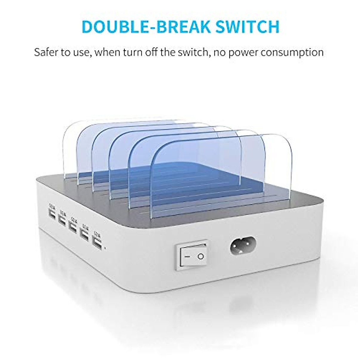 Charging Station for Multiple Devices, MSTJRY 5 Port Multi USB Charger Station with Power Switch Designed for iPhone iPad Cell Phone Tablets (White, 6 Mixed Short Cables Included)