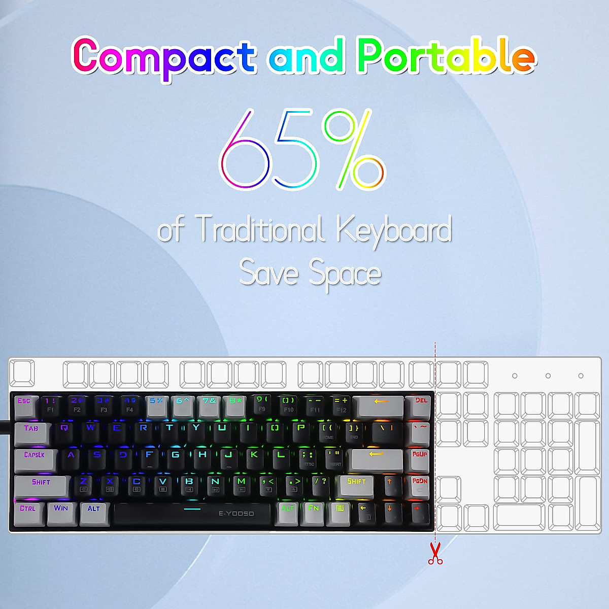 HUO JI 65% RGB Gaming Keyboard, E-YOOSO Z-686 Wired 68 Keys Mechanical Keyboard, Clicky Blue Switches, Pro Software Supported, Detachable USB-C Cable, Separate Arrow Keys - Black/Grey