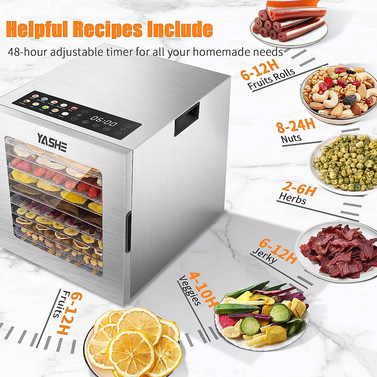 YASHE Food Dehydrator Machine, 10 Stainless Steel Food Dryer, 10 Presets, 48H Timer and Temperature Control, 850W Dehydrators for Food and Jerky, Herbs, Meat, Fruit, Dog Treats, Recipes Book Included