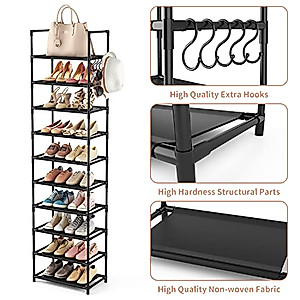 LANTEFUL 10 Tiers Tall Shoe Rack 20-25 Pairs Boots Organizer Storage Sturdy Narrow Shoe Shelf for Entryway, Closets with Hooks, Black