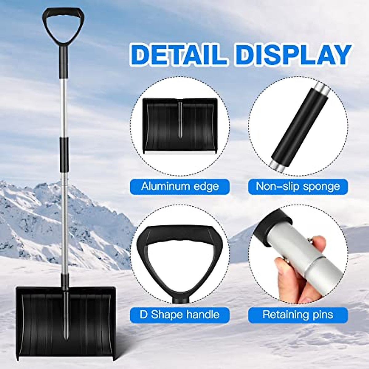 Yardwe 56" Snow Shovel with D-Grip Handle, Collapsible Snow Sand Mud Removal Tool | Detachable Four-Piece Construction Snow Shovel for Garden, Camping, Car and Other Outdoor Activities
