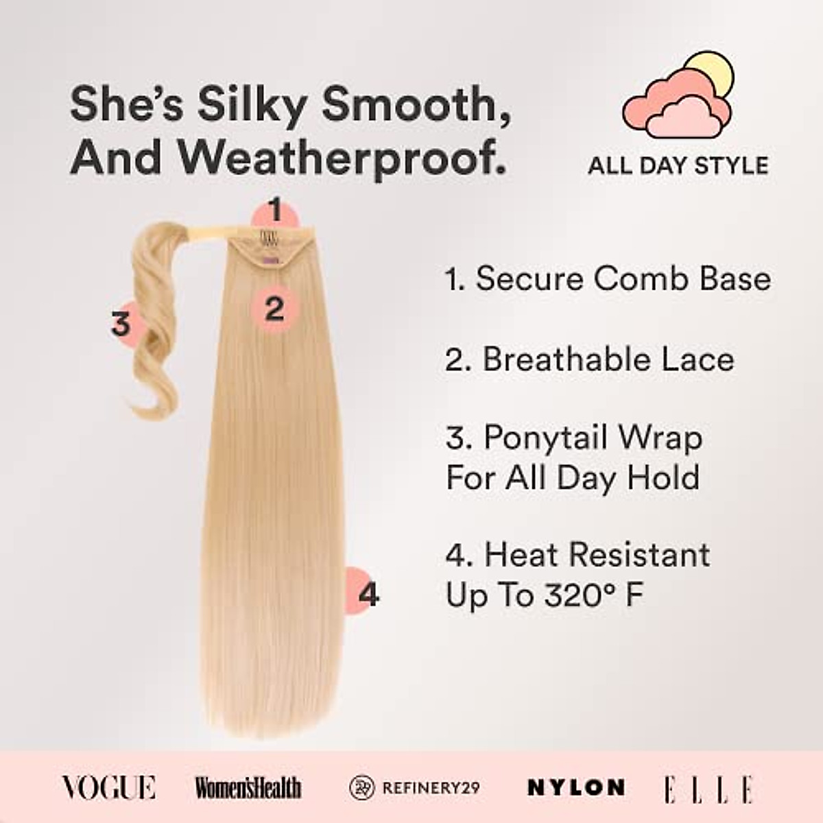 INH Hair Miya Ponytail Extension 26 inch Long Clip in Wrap Around Straight Pony Tail Hairpiece for Women | Synthetic Clip On Faux Piece | Champagne Blonde