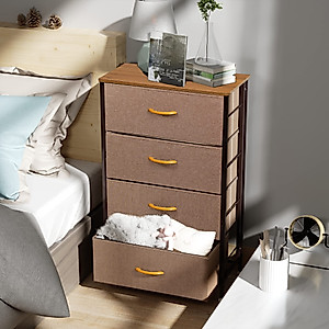 WAYTRIM Dresser Storage Tower, 4 Fabric Organizer Drawers, Wide Chest of Drawers for Closet Boys & Girls Bedroom, Bedside Furniture, Steel Frame, Wood Top, Fabric Bins, Easy Installation (Brown)