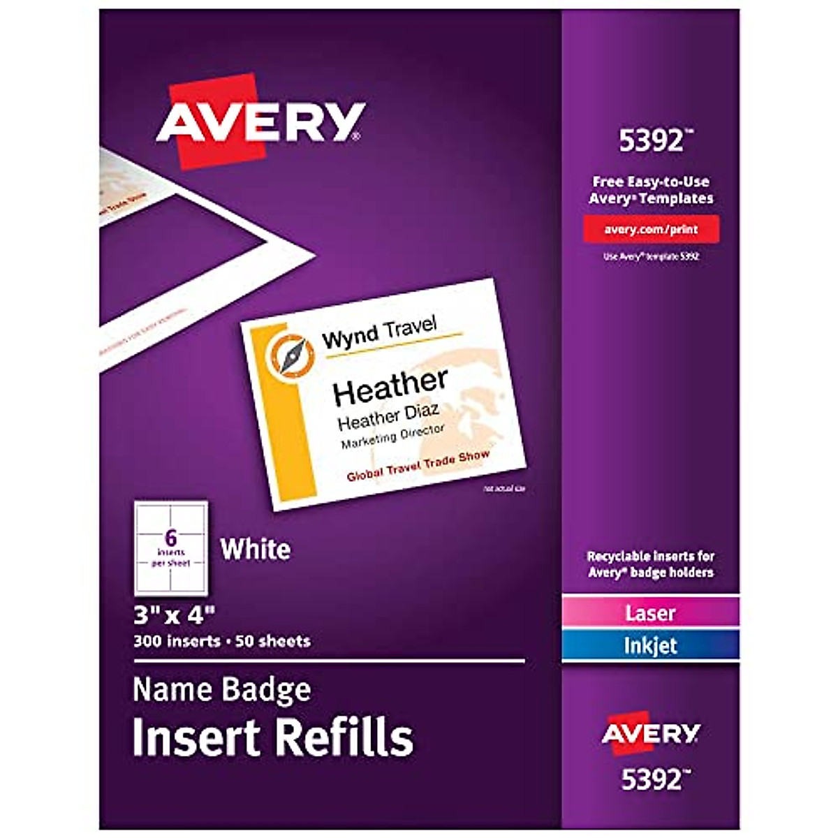 Avery Name Badge Inserts, Print or Write, 3 x 4 Inch, 300 Card Stock Refills (5392), White & Name Badge Inserts, 3" x 4", 2-Pack, 300 Inserts Per Pack, 600 Badge Inserts Total (35392)