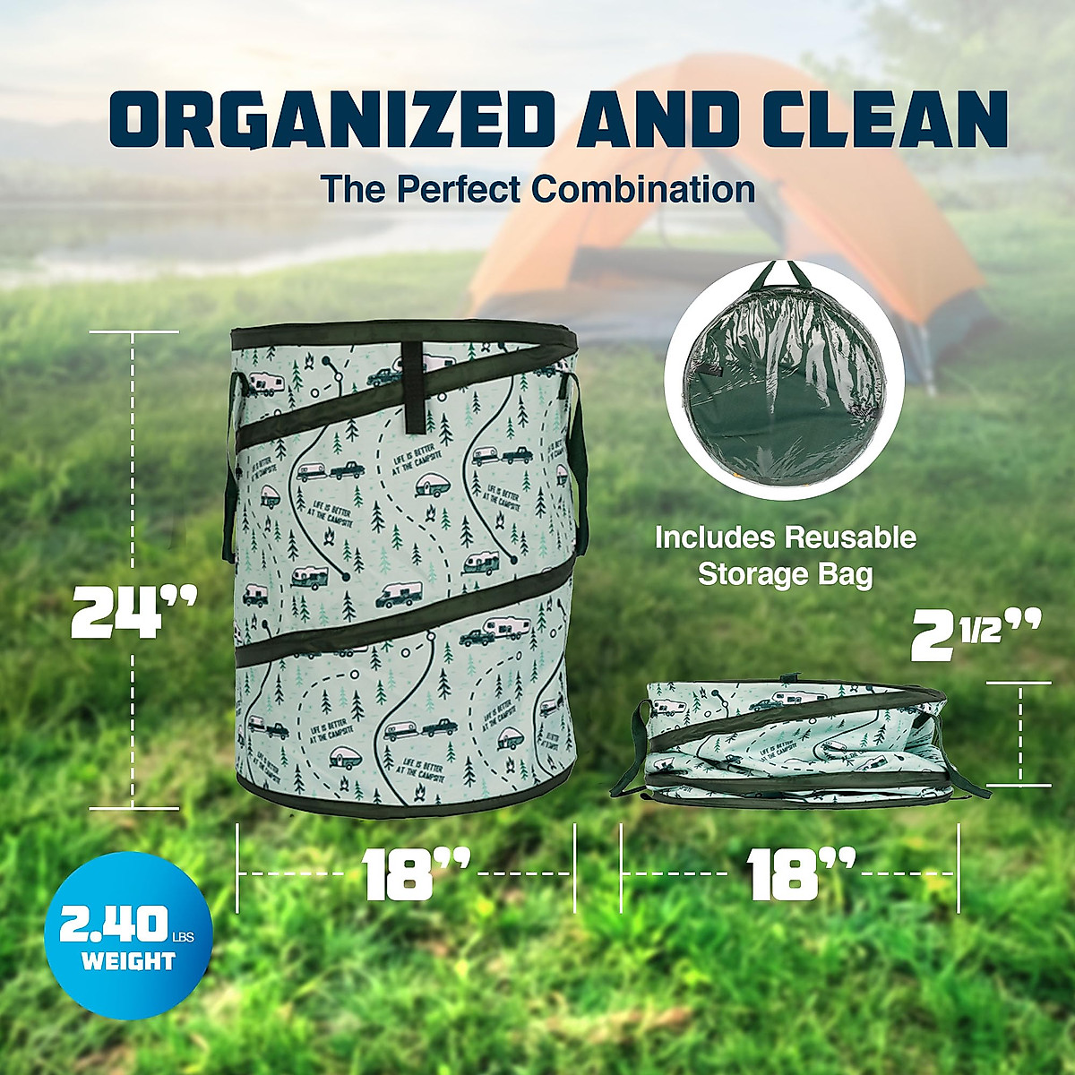 Camco Pop-Up Utility Container | Features Heavy Duty Liner & Zipper Close Lid | Holds 30-Gallon Kitchen-Size Trash Bags | Stands 2-Ft Tall & Collapses for RV Storage and Organization (42996)