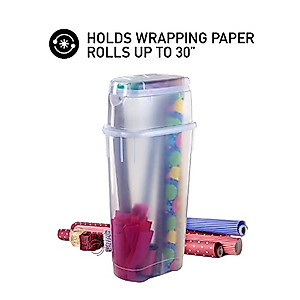 Rubbermaid Wrap N’ Craft, Plastic Storage Container for Wrapping Paper and Crafting Supplies, Fits Up to 20 Rolls of Standard 30” Wrapping Paper, Two Compartments, Slim Design, Clear Exterior
