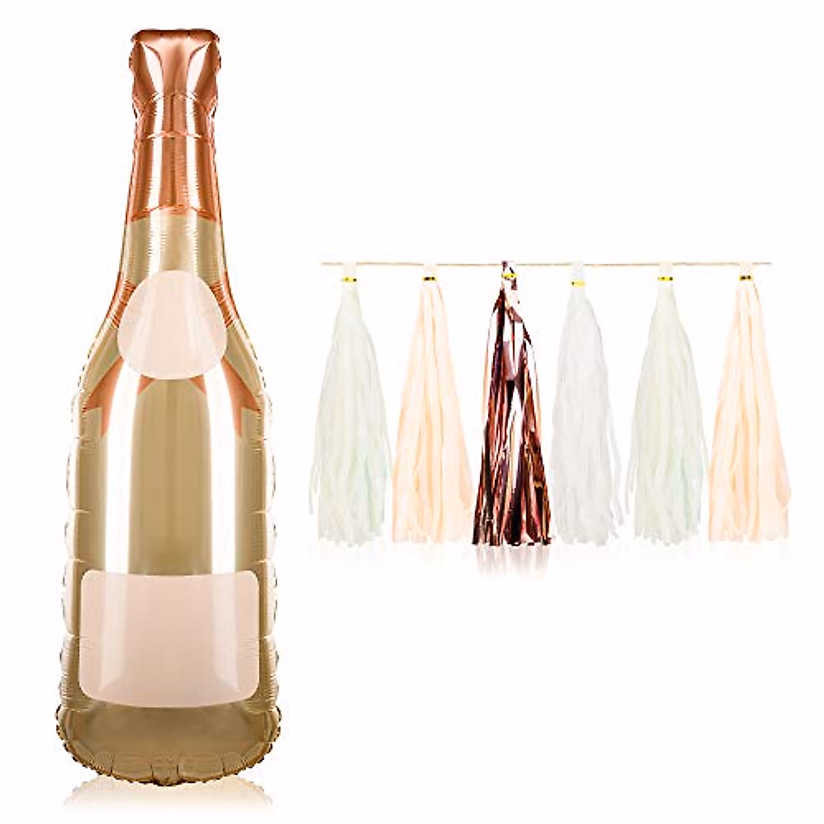 VP Products 6 Piece Champagne Balloon Bouquet + 1 Tassel Garland - Perfect Kit for Bridal Shower, Bachelorette and Birthday Party - 41" Foil Balloon - Silver and Rose Gold Party Decorations