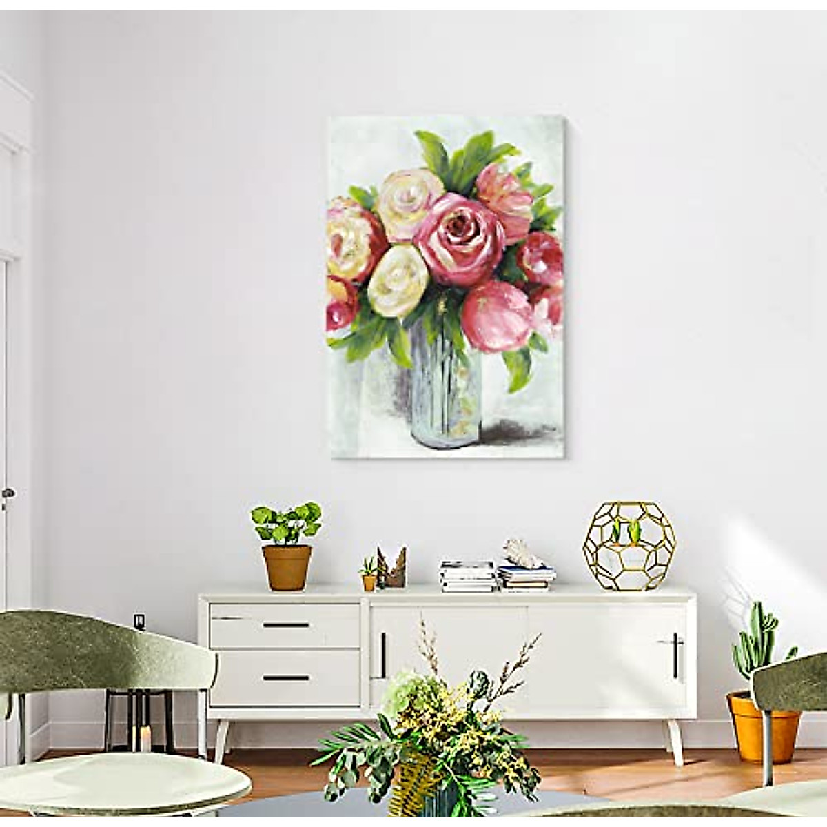 Yuegit Flower Pictures for Living Room Wall Decoration, Pink Floral Canvas Paintings Wall Art Green Plant Botanical Wall Art Framed for Bedroom Wall Decor Ready to Hang 24X36 Inch