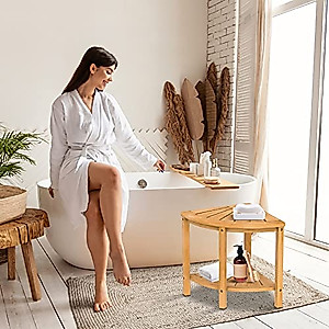 16" Bamboo Corner Shower Bench with Shelf, Corner Shower Stool for Shaving Legs, Shower Foot Rest Stool, Waterproof Wood Storage & Seat for Bathroom, Shower, Spa, Sauna, Shower Stool for Inside Shower