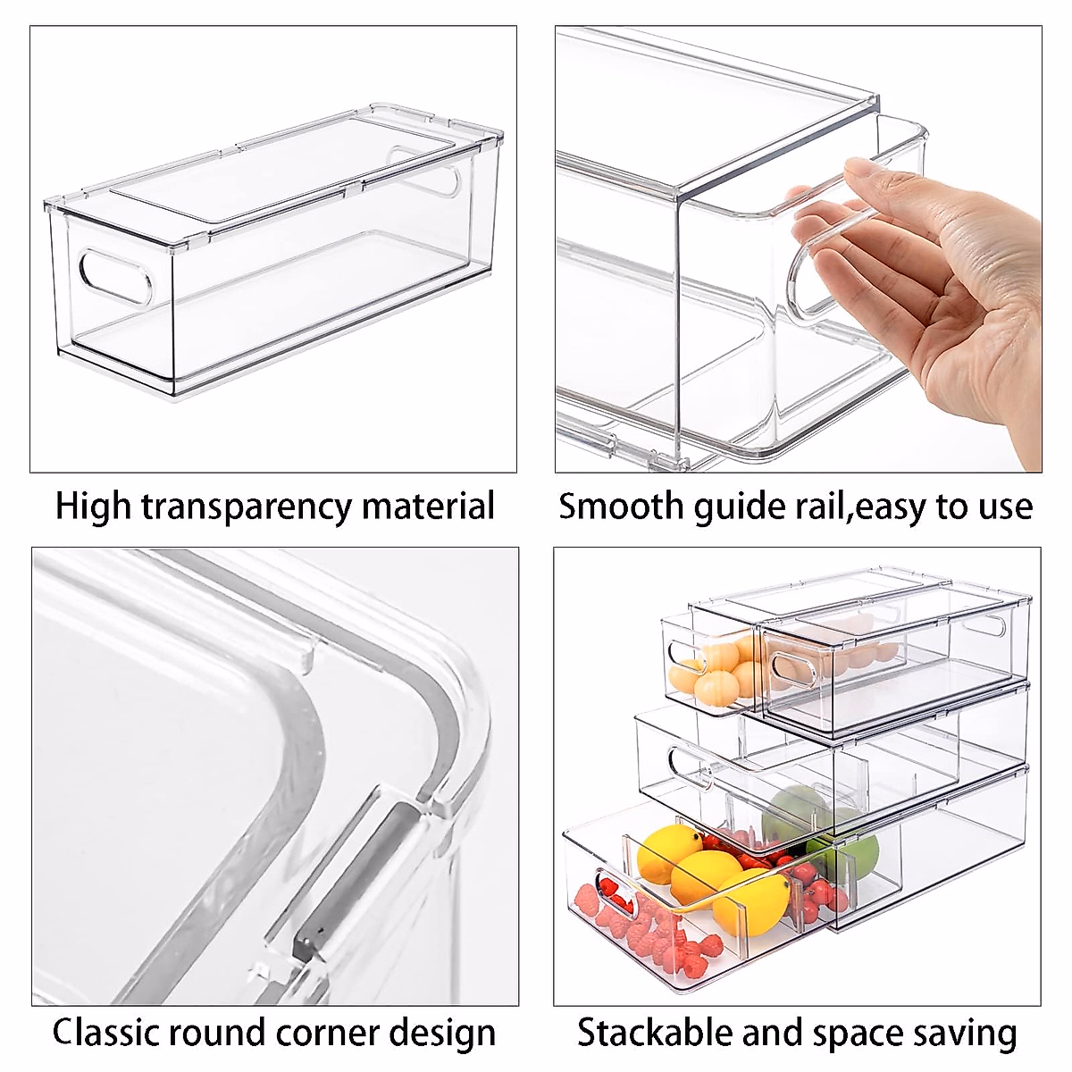 Mano Stackable Drawers Fridge Organizer Bins with Pull-out Double Handle, Clear Drawer Food Container Set Divided Refrigerator Storage Box Plastic Produce Saver for Pantry, Kitchen, Cabinet