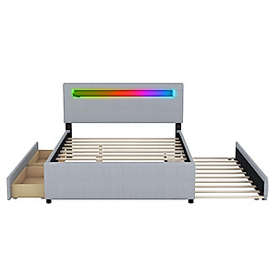 GJHOME Queen Size Upholstered Platform Bed with 2 Storage Drawers and Twin Trundle, LED Lights and USB Charging, Linen Queen Bed Frame with Headboard and Wood Slat Support, Gray