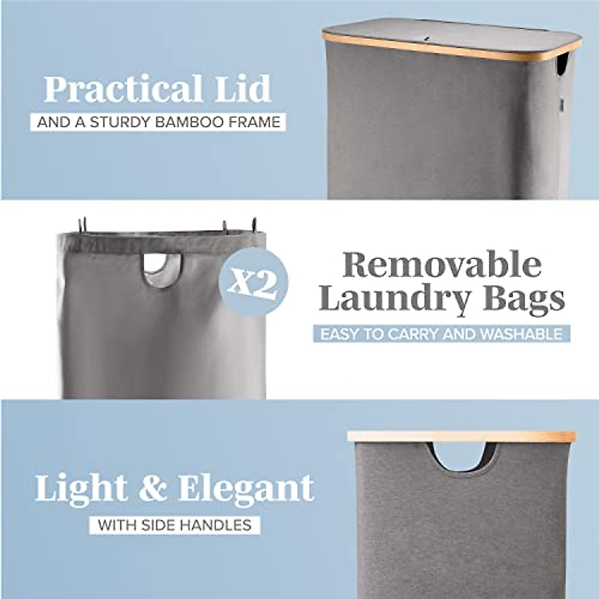 Lonbet - Gray Double Laundry Hamper with Lid, 2 Sections and Removable Bags, Hamper for Laundry 2 Compartment to Simplify Laundry Day for Busy Moms, 39.6 Gallons (3-5 Loads in a Washing Machine)