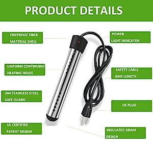 HASTER 2000W Immersion Water Heater for Inflatable Pool Bathtub,Bucket Heater with 304 SS Guard,Electric Submersible Water Heater with LCD Thermometer,Heat 5 Gallon Water in Minutes (Black)