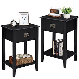 VECELO Nightstands Set of 2 End/Side Tables Living Room Bedroom Bedside, Vintage Accent Furniture Small Space, Solid Wood Legs, One Drawer, Black