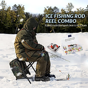 QualyQualy Ice Fishing Rod Reel Combo Complete Set Ice Fishing Gear with Backpack Seat Ice Cleats Ice Fishing Jigs Line Full Ice Fishing Kit