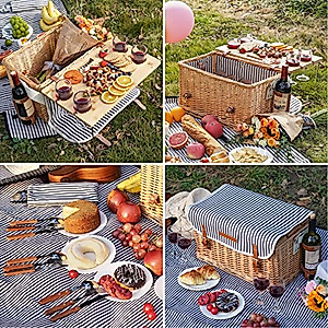 Wicker Picnic Basket for 4, 4 Person Picnic Kit, Willow Hamper Service Gift Set with Blanket Portable Bamboo Wine Snack Table for Camping and Outdoor Party