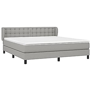 loibinfen King Size Box Spring Bed with Mattress Set, Included 1 x Bed Frame/1 x Headboard with Ears/1 x Mattress/1 x Mattress Topper, Light Gray 76"x79.9" Fabric with Black Legs (Style G)