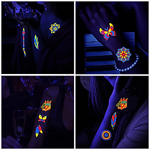 160 PCS Glow in The Dark Temporary Tattoos - Neon UV Blacklight Reactive Light Face Flash Tattoo Stickers,Festival Accessory Party Favors Supplies,Temp Great for EDM EDC Party Rave Parties 20 Sheet