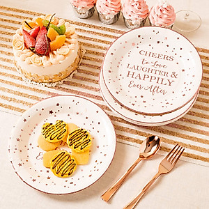 Crisky Cheers to Love Rose Gold Disposable Plates for Bridal Shower, Wedding, Engagement, Bachelorett Party Decorations, Dessert, Buffet, Cake Plates Party Supples, 50 Count, 9" Plate