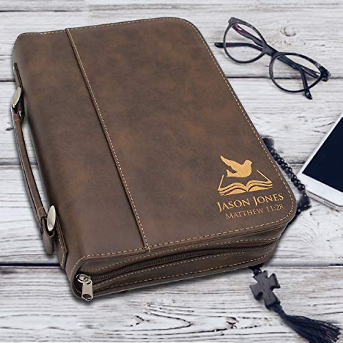 Custom Engraved Bible Cover Case - Personalized Bible Holder Monogrammed for Church, Christians, Religious Gift (Rawhide with Gold)