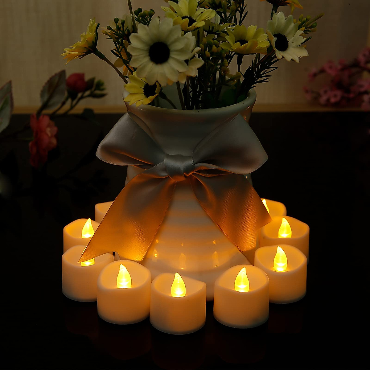 24Pack Flickering Battery Operated LED Tealight Candles, Realistic Electric Fake Candle for Wedding, Table, Gift, for Table Centerpieces, Mood Lighting and Home Decor, Outdoor (Battery Included)