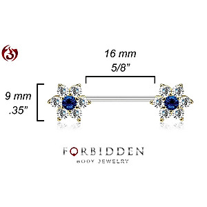 Forbidden Body Jewelry Pair of Surgical Steel 5/8 Inch 7-CZ Posh Flower Nipple Barbells, Clear/Blue (Gold Tone)