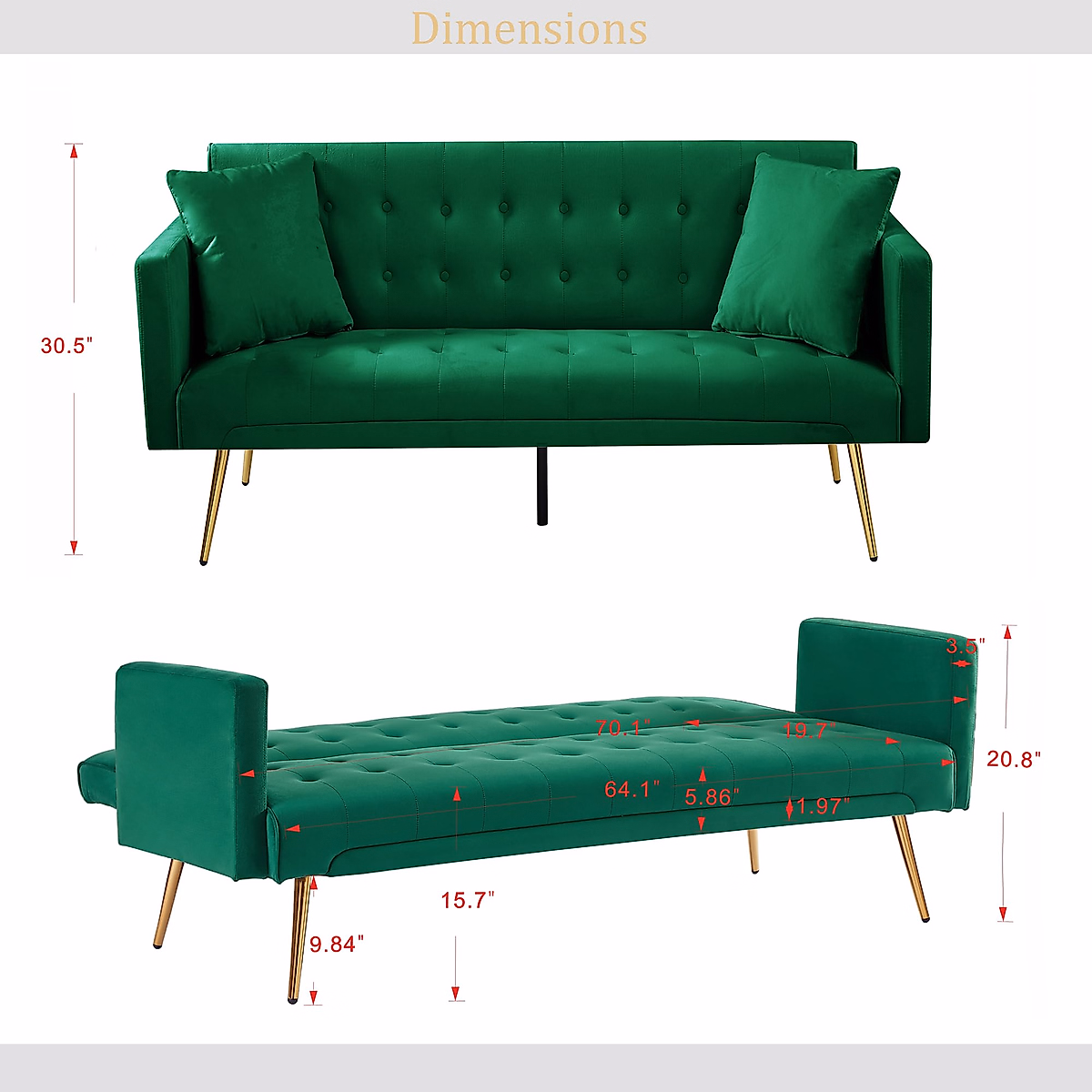 72"Modern Velvet Sofa Bed Futon,Convertible Folding Sleeper Bed Couches with 3 Adjustable Backrests,Tufted Recliner Love Seat with Golden Chrome Legs for Living Room Apartment Home Office (Green)