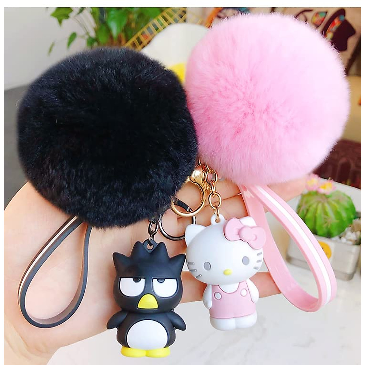 Tonsamvo Cute Keychains for Women/Girls, Kawaii Anime Pom Pom Key Chain Accessories Wristlet Keychain for Backpack Handbag Car Keys