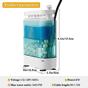 VILLNO 165GPH Internal Turtle Tank Filter: 8W Silent Aquarium Filter with Shower Outlet and Full Filter Media, Powerful Filter for Turtle or Fish